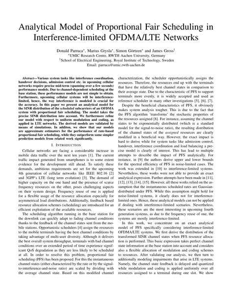 pdf analytical model of proportional fair scheduling in interference limited ofdma lte networks