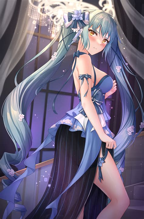 Rule 34 Bare Arms Bare Shoulders Blue Dress Blue Hair Blush Breasts Dress Female Goddess Of
