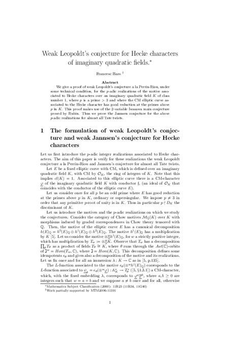 pdf weak leopoldt s conjecture for hecke characters of imaginary quadratic flelds francesc