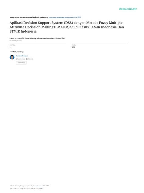 aplikasi decision support system dss dengan metode pdf pdf decision support system