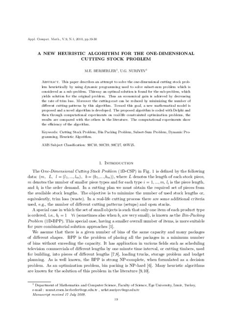 pdf a new heuristic algorithm for the one dimensional cutting stock problem urfat nuriyev