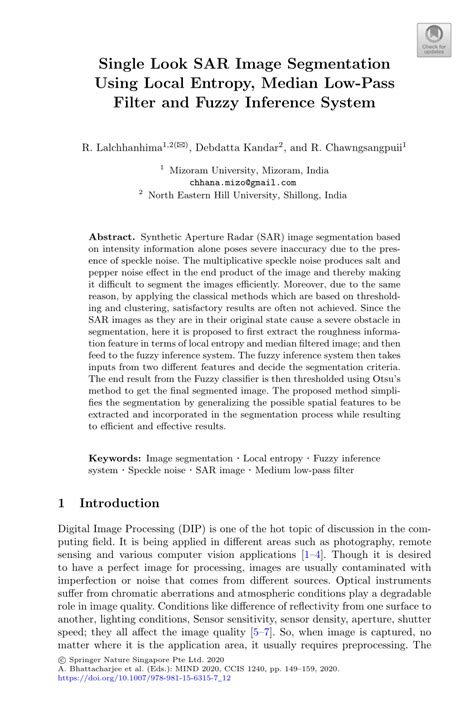 pdf single look sar image segmentation using local entropy median low pass filter and fuzzy