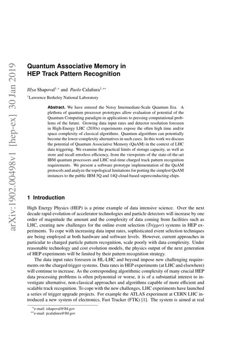 pdf quantum associative memory in hep track pattern recognition