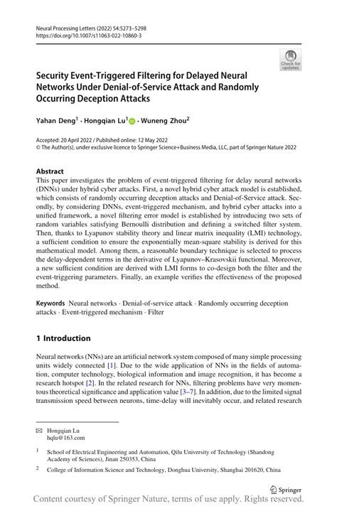 security event triggered filtering for delayed neural networks under denial of service attack