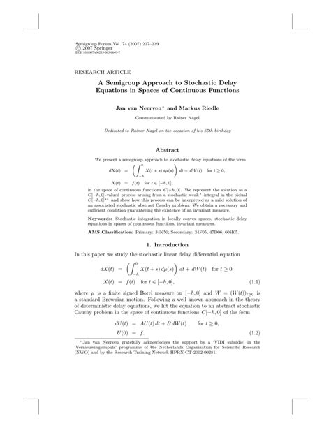 pdf a semigroup approach to stochastic delay equations in spaces of continuous functions