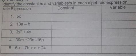 1 identify the constant is and variables s in each algebraic expressionraic