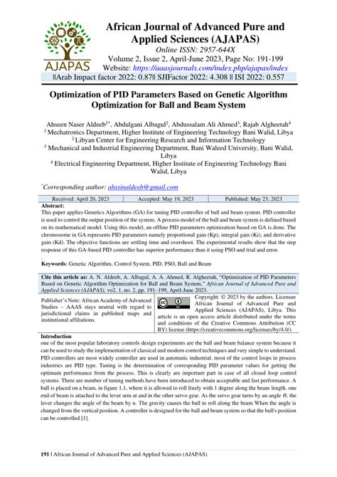 pdf optimization of pid parameters based on genetic algorithm optimization for ball and beam
