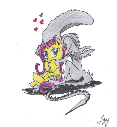 845022 Safe Artistleyzy Fluttershy Xenomorph Alien Franchise Crossover Cuddling