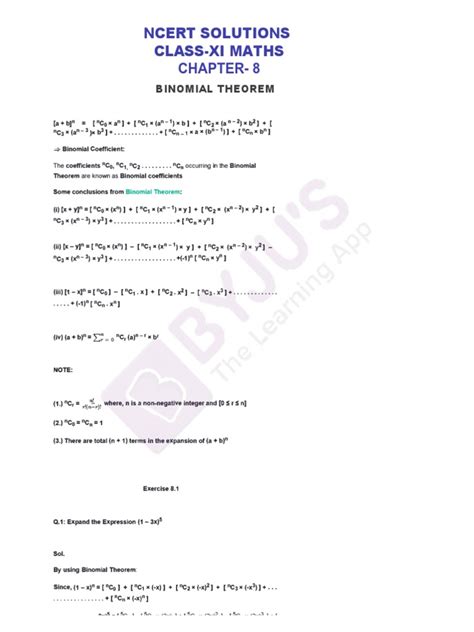 ncert solutions class 11 maths chapter 8 binomial theorem pdf combinatorics algebra