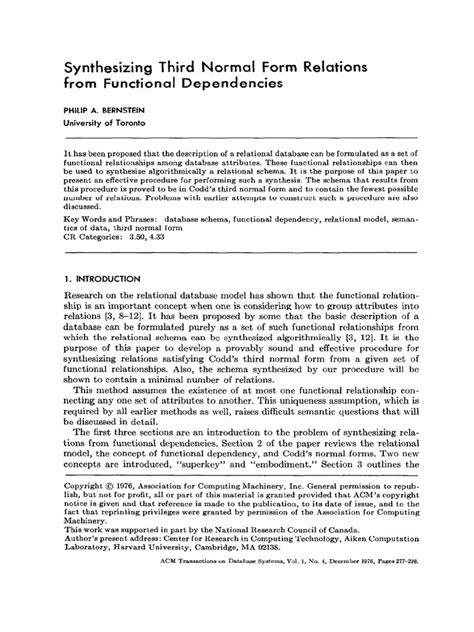 synthesizing third normal form relations from functional dependencies pdf relational model