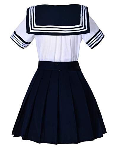 Elibelle Japanese School Girls Short Sleeve Uniform Sailor Navy Blue Pleated Skirt Anime Cosplay