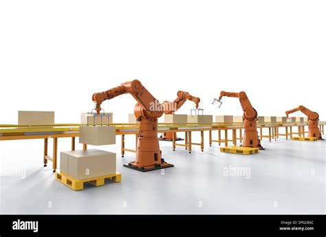 Automation Factory Or Cargo Concept With 3d Rendering Robot Arms And
