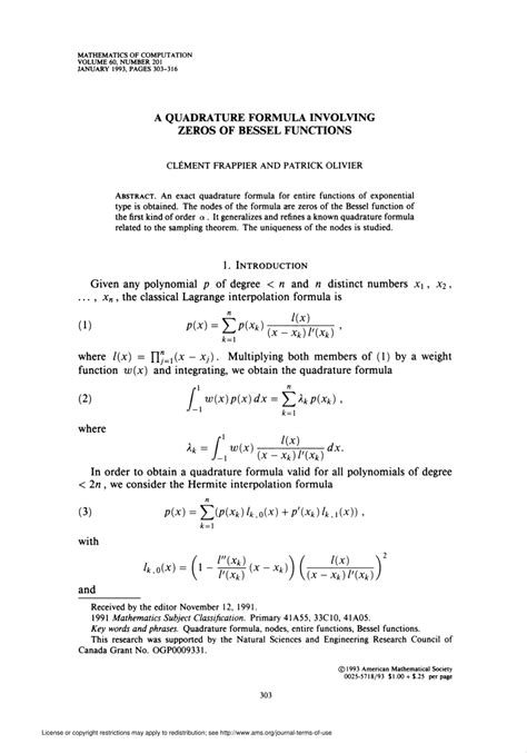 pdf a quadrature formula involving zeros of bessel functions
