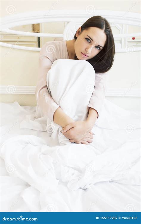 Young Pretty Brunette Woman Laying In Bed Alone Waiting Sexy Lifestyle People Concept Stock