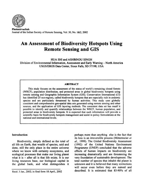 pdf an assessment of biodiversity hotspots using remote sensing and gis