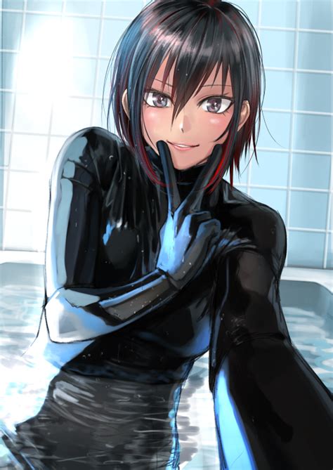 Safebooru 1girl Bathing Black Bodysuit Black Hair Blush Bodysuit Brown Eyes Hand On Own Face