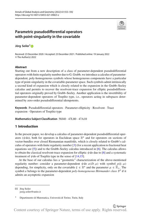 pdf parametric pseudodifferential operators with point singularity in the covariable