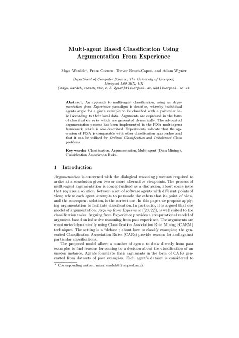 pdf multi agent based classification using argumentation from experience frans coenen adam