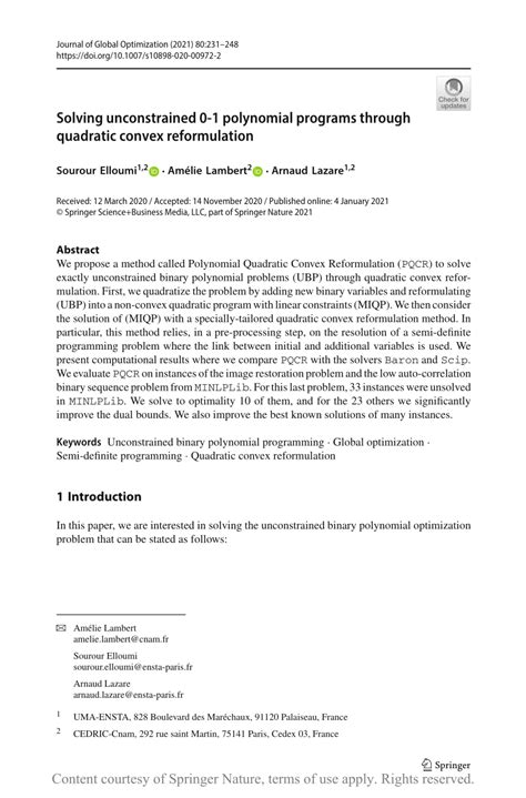 solving unconstrained 0 1 polynomial programs through quadratic convex reformulation request pdf