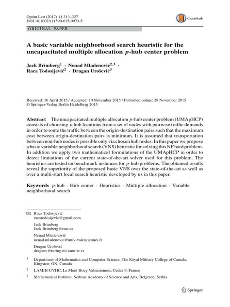 g18uhi variable neighbourhood earch uncapacitated multiple allocation p hub center problem