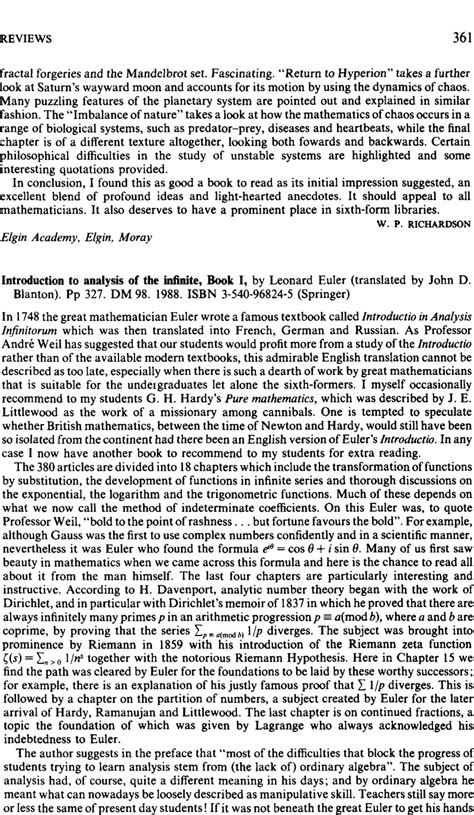 Introduction To Analysis Of The Infinite Book I By Leonard Euler