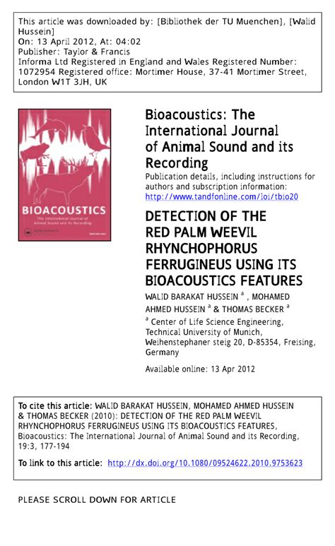 pdf detection of the red palm weevil rhynchophorus ferrugineus using its bioacoustics features