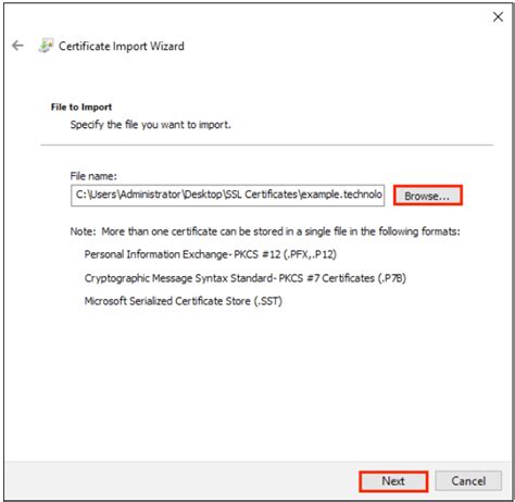 how to import the ssl certificate w private key pfx file using