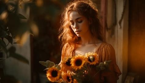 Lächelnde Junge Frau Hält Gelbe Blume In Der Hand Und Genießt Die Von Ki Erzeugte Natur