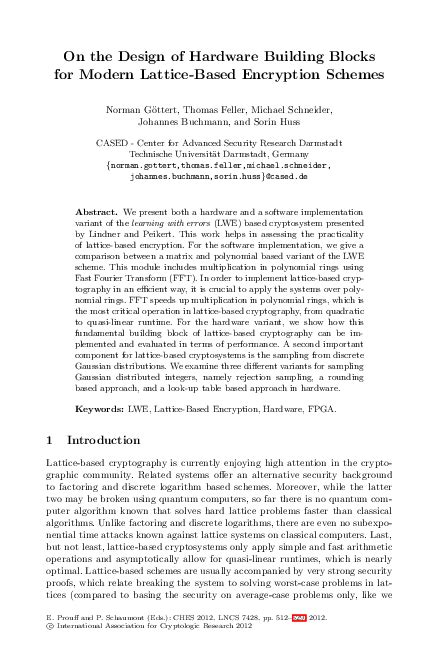 pdf on the design of hardware building blocks for modern lattice based encryption schemes