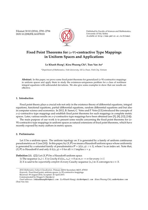 pdf fixed point theorems for α Ψ contractive type mappings in uniform spaces and applications
