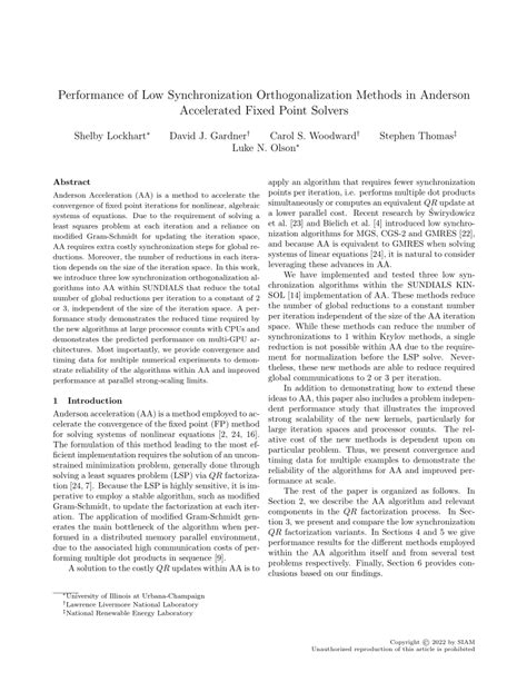pdf performance of low synchronization orthogonalization methods in anderson accelerated fixed