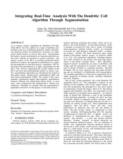 pdf integrating real time analysis with the dendritic cell algorithm through segmentation