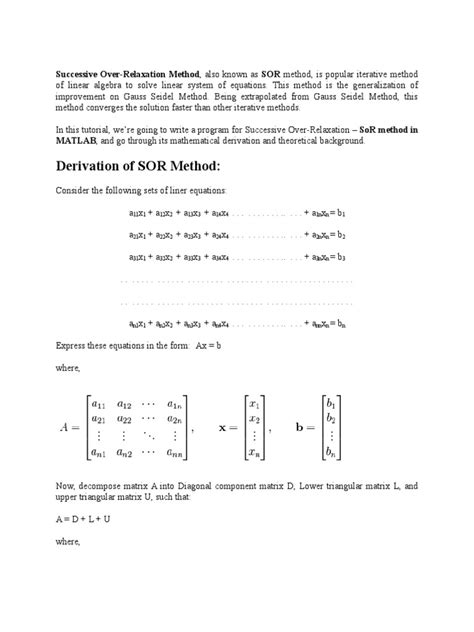 solving linear systems using the successive over relaxation method derivation and
