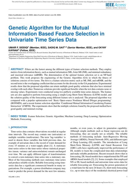 pdf genetic algorithm for the mutual information based feature selection in univariate time