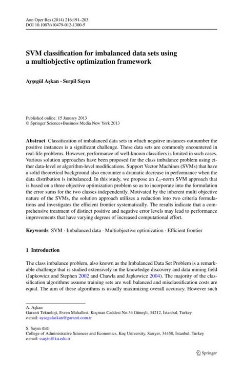 pdf svm classification for imbalanced data sets using a multiobjective optimization framework