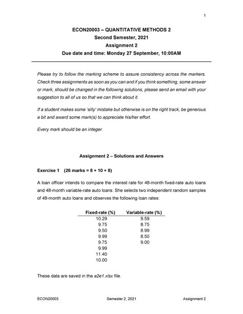 assignment 2 answers and marking guide econ20003 quantitative methods 2 second semester