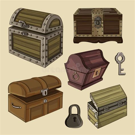 Set Of Pirate Treasure Chests In Sketch Style Open And Closed Empty