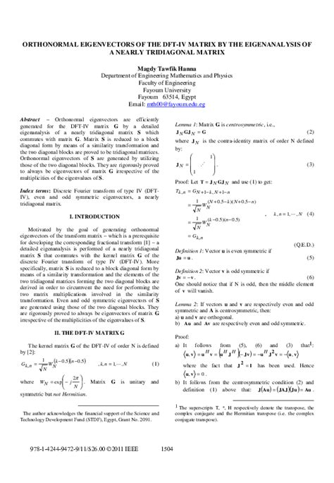 pdf orthonormal eigenvectors of the dft iv matrix by the eigenanalysis of a nearly tridiagonal