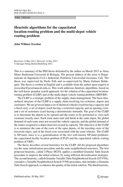 pdf heuristic algorithms for the capacitated location routing problem and the multi depot
