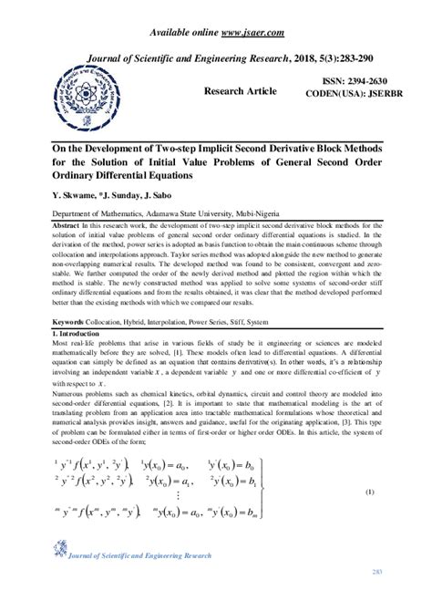 pdf on the development of two step implicit second derivative block methods for the solution