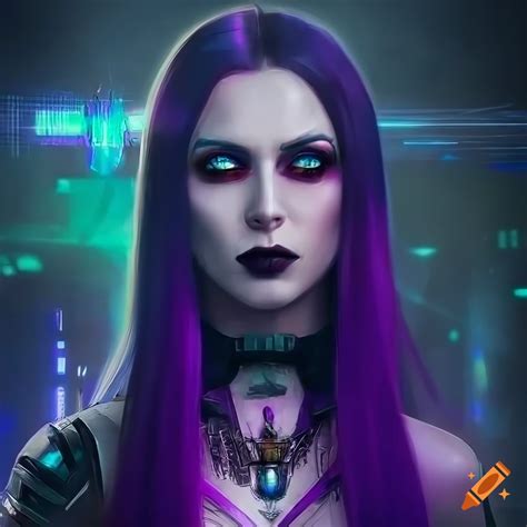 Digital Art Of A Cyberpunk Vampire With Long Purple Hair On Craiyon