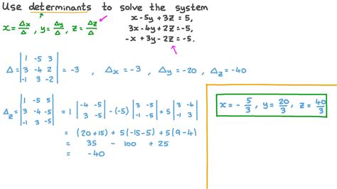 question video solving a system of three equations using determinants nagwa
