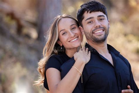 Couple Hug And Portrait Smile In Nature For Bonding Love And Care In Happiness For