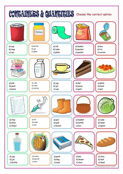Containers Quantities Multiple Choice English ESL Worksheets