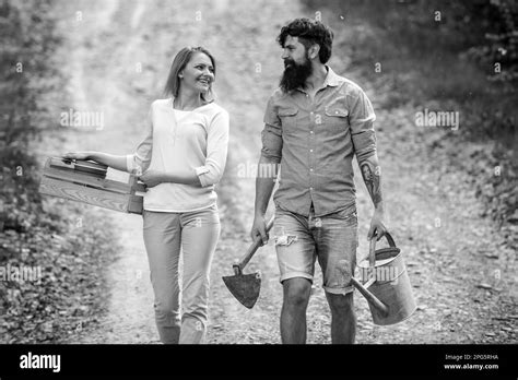 Bio Food Production Concept Farmars Couple Enjoy Spring Nature And Take Care About Her Plants