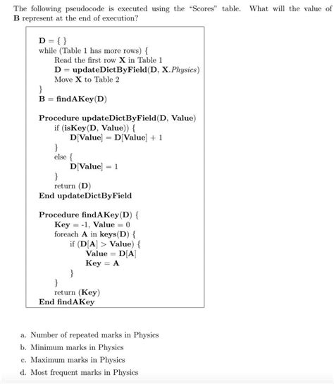 the following pseudocode is executed using the scores table what will the values of a and b