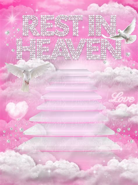 A Pink Background With White Doves And The Words Restin Heaven