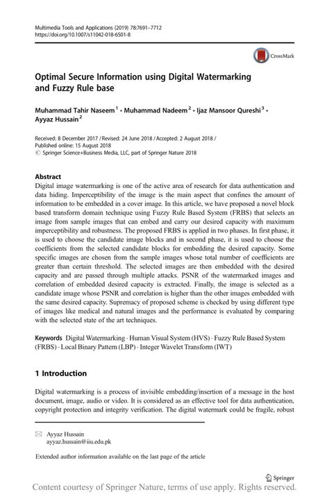 optimal secure information using digital watermarking and fuzzy rule base request pdf