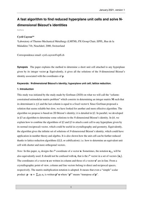 pdf a fast algorithm to find reduced hyperplane unit cells and solve n dimensional bézout s