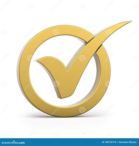 Golden Check Mark In Circle Isolated On White Background Stock